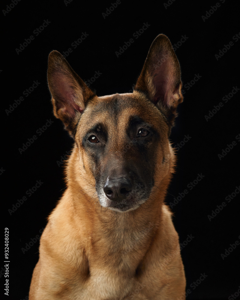 Belgian Malinois portrait against a black background. This image ...