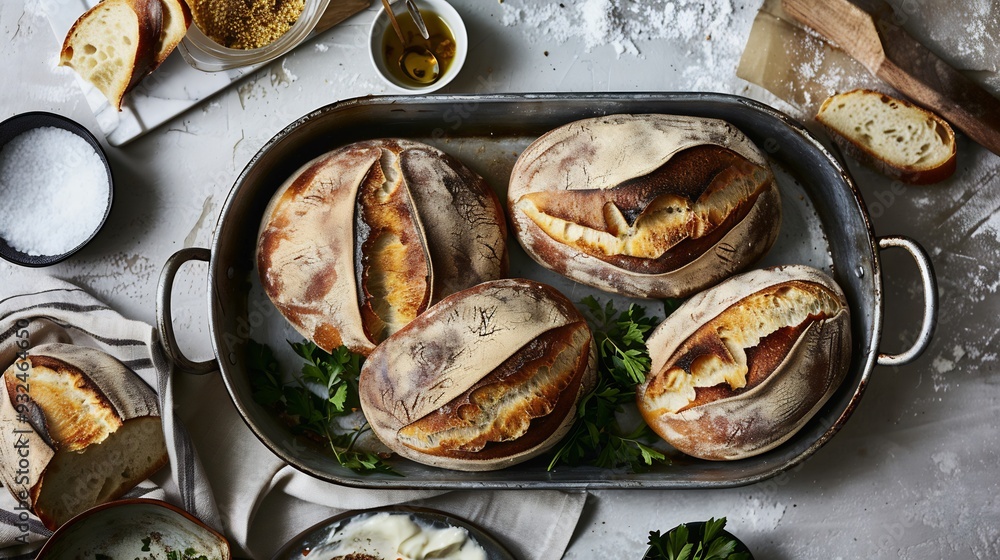 Tray of tamees freshly baked bread served warm ideal for dipping in ...