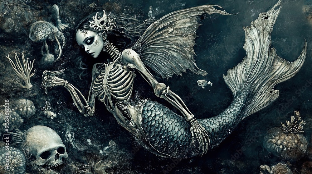 Skeletal Mermaid with a Fishtail and Wings in a Dark Abyss Stock ...