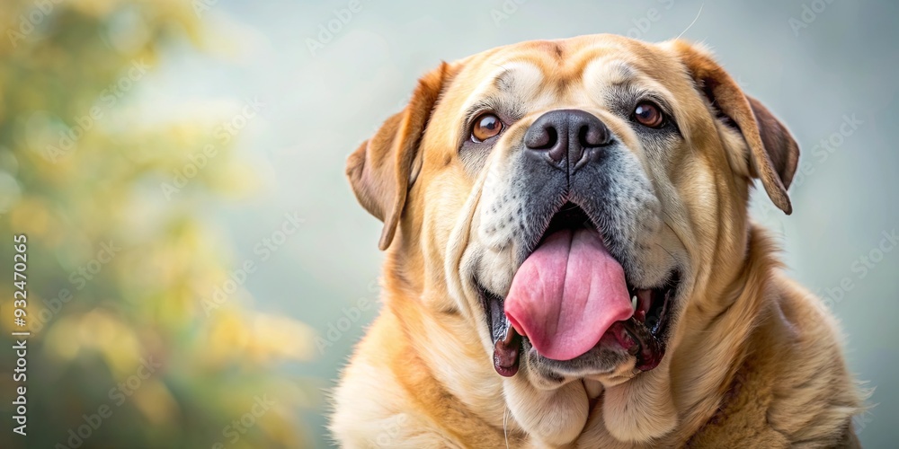Playful fat dog licks his nose with long tongue, pet, canine, obesity ...