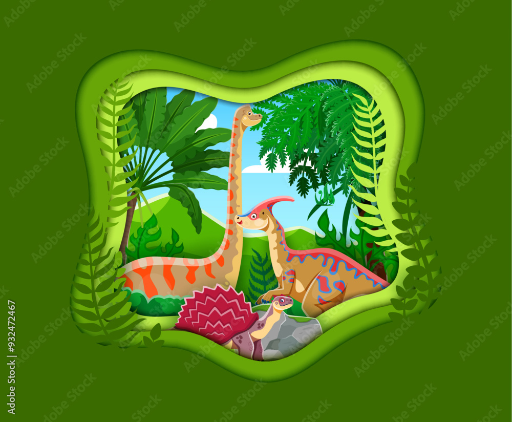 Paper cut landscape with prehistoric dinosaurs and lizards in Jurassic ...