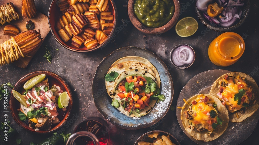 Vibrant spread of Mexican street food featuring elote churros and ...