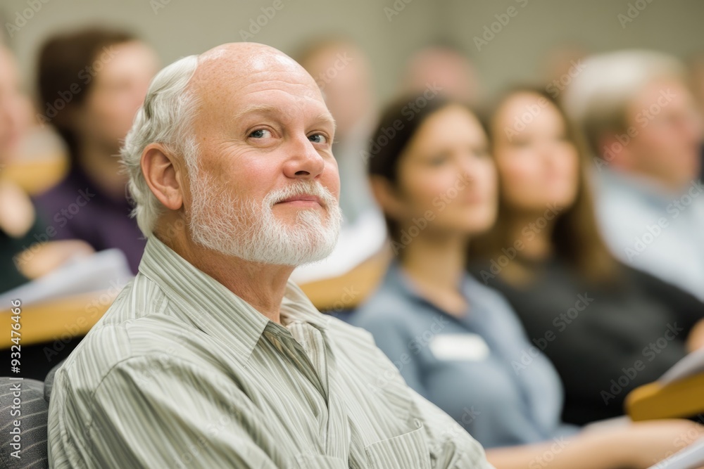 Mature adults in a classroom setting, attentively listening to a ...
