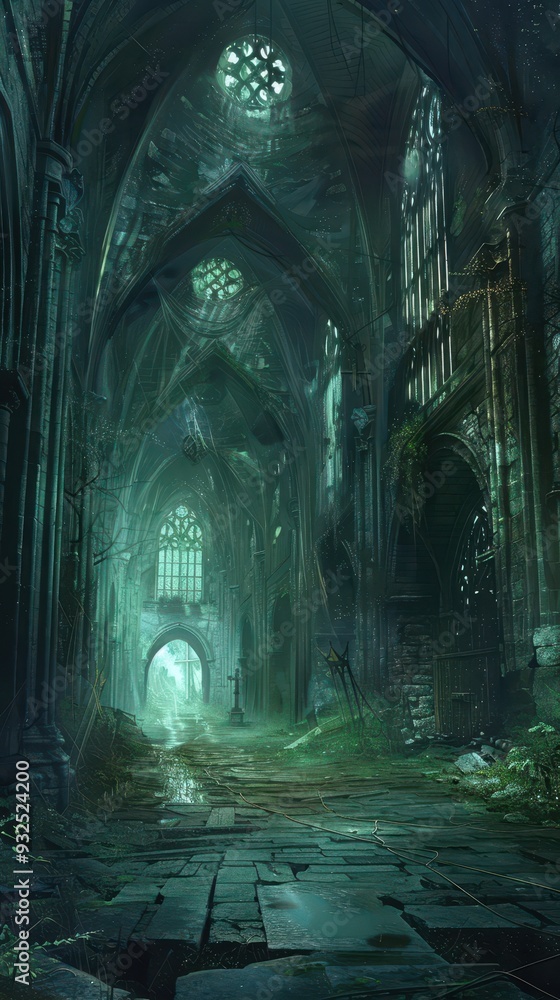 An overgrown anime cathedral stands empty, shrouded in darkness and ...