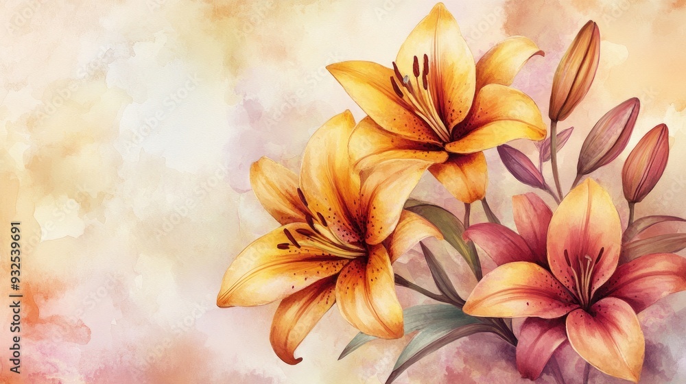 Bouquet of yellow and maroon lilies with a watercolor background ...
