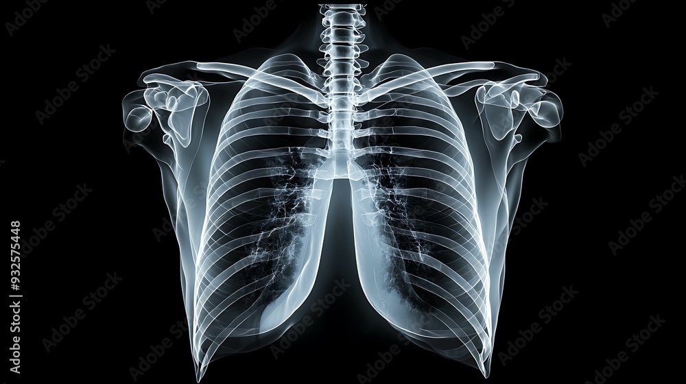 X-ray of the upper torso with visible lungs, grayscale image on a black ...