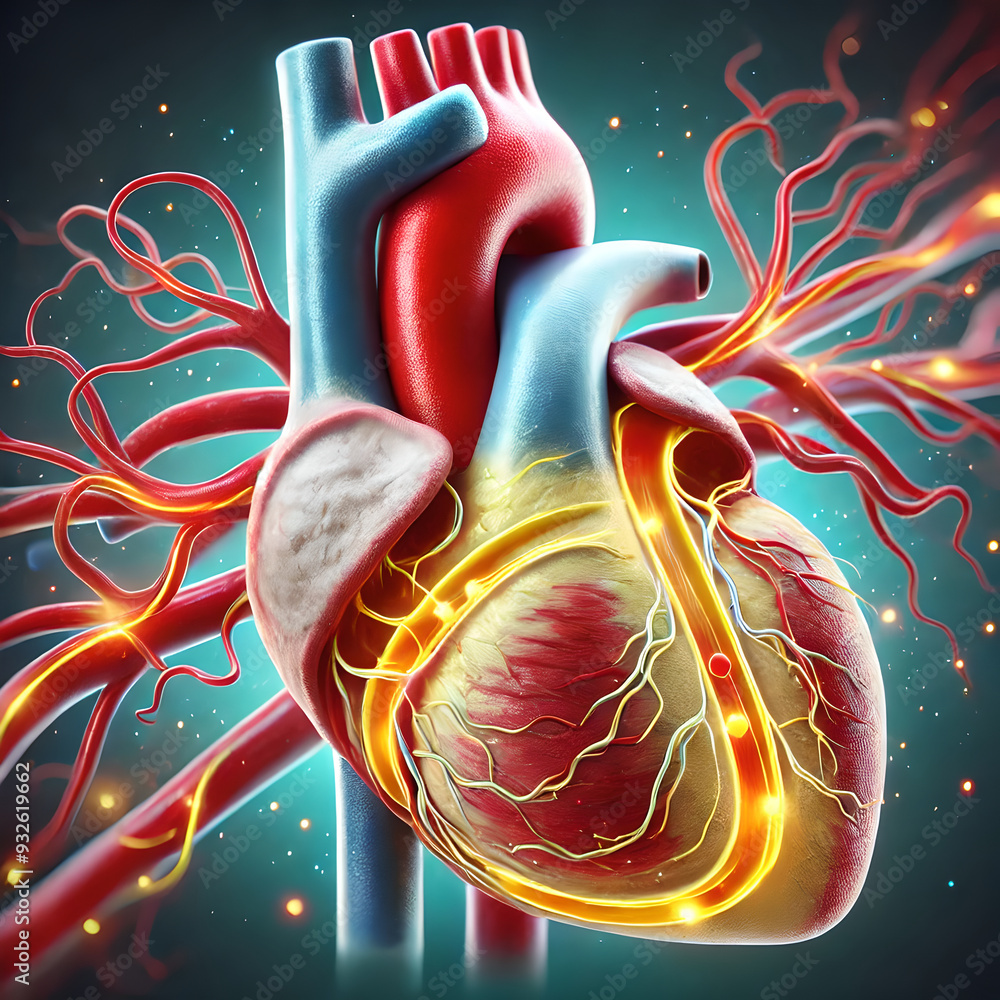 Fotografie Heart anatomy: 3D human heart illustrating coronary artery ...