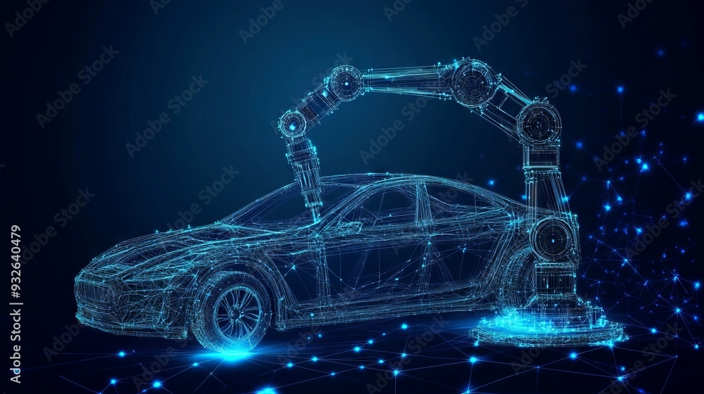 Abstract robotic arm and robotic tool repairing a car with polygon line ...