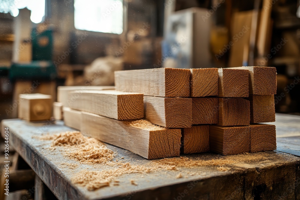 Oak bar blocks stacked at woodworking workshop with tools and sawdust ...