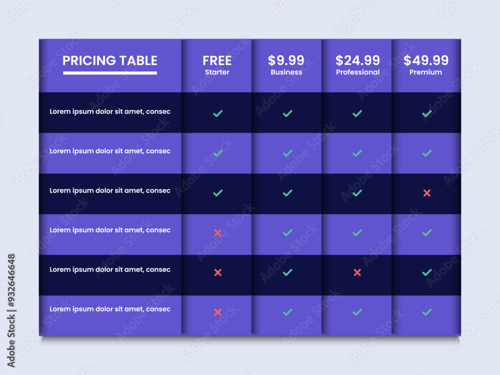 Pricing table. Price chart template, business plan pricing grid, web ...