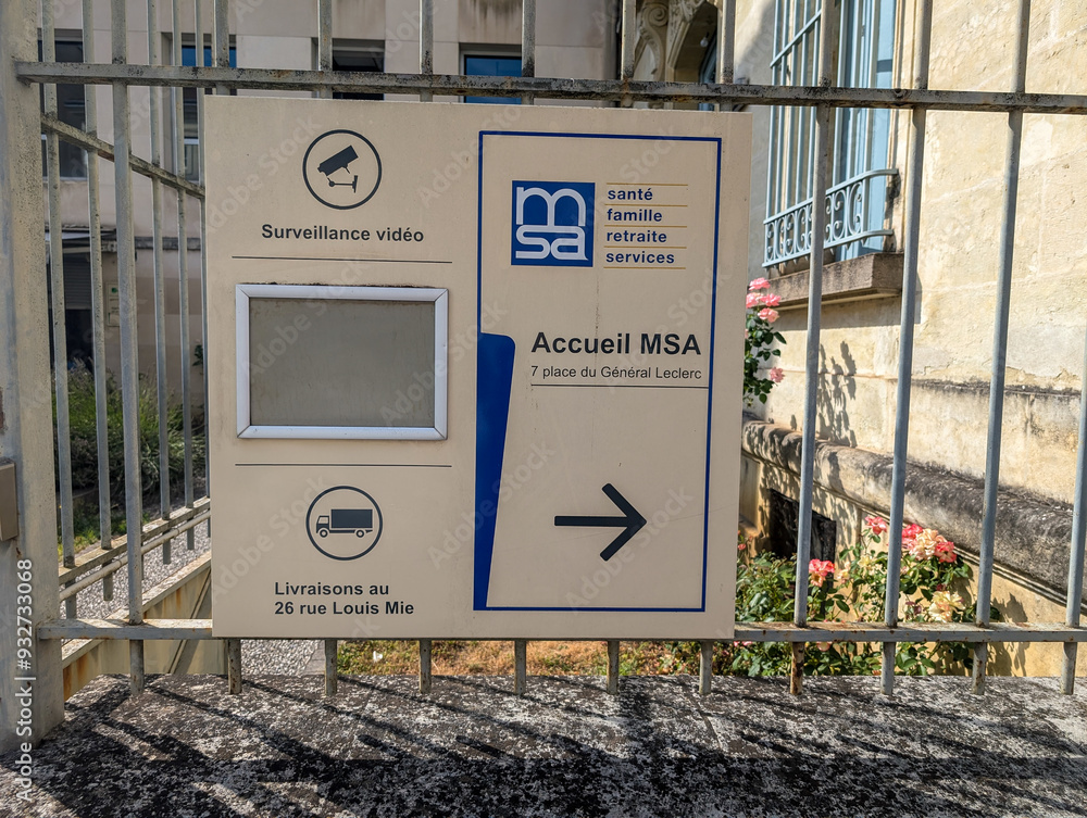 France, 13 August 2024: Directional sign for MSA office entrance on ...