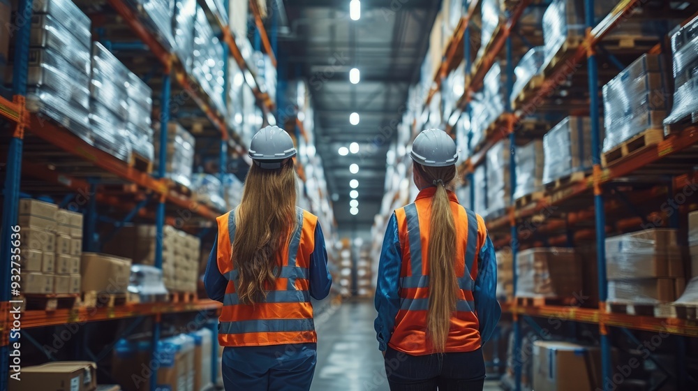 warehouse employees in warehouse two workers in reflective clothing in ...