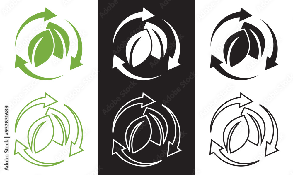 Green, black and white leaf and arrow icons for biodegradable recyclable organic bio package ...