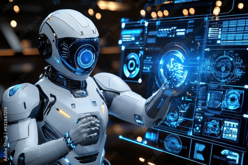 Armored humanoid robot interacting with a high tech holographic display representing the future ...