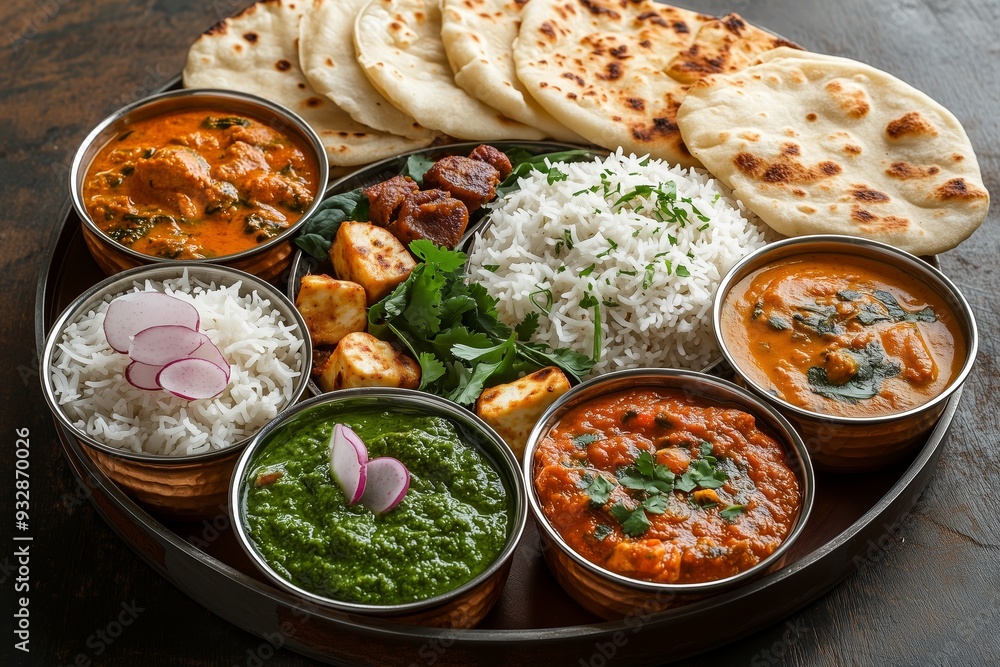 A traditional Indian feast with tricolor dishes. Indian food Curry ...