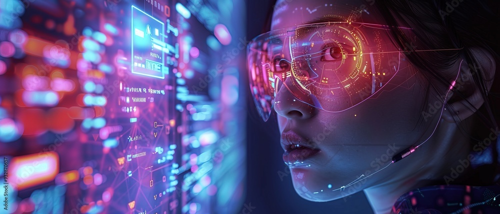 Depict a skilled cyberpunk hacker in a futuristic setting, surrounded ...