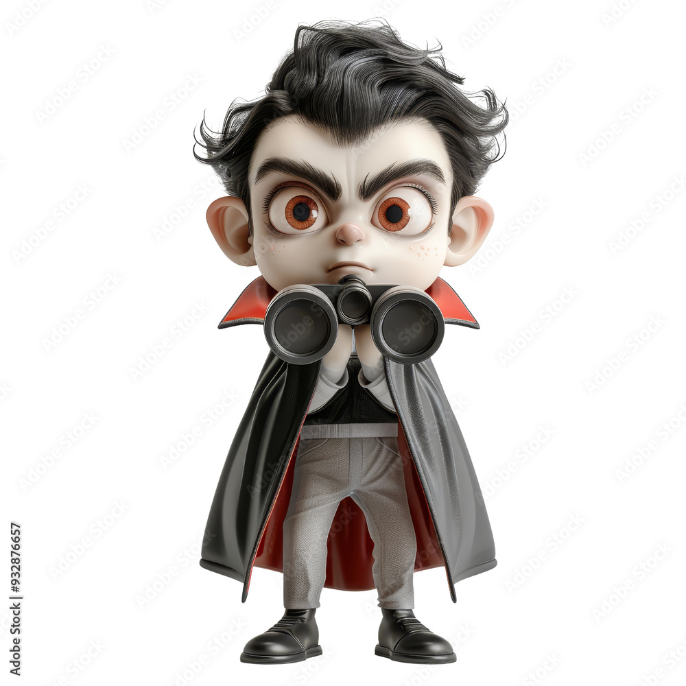 3D cartoon character of a vampire in a dark outfit with a cape, making ...