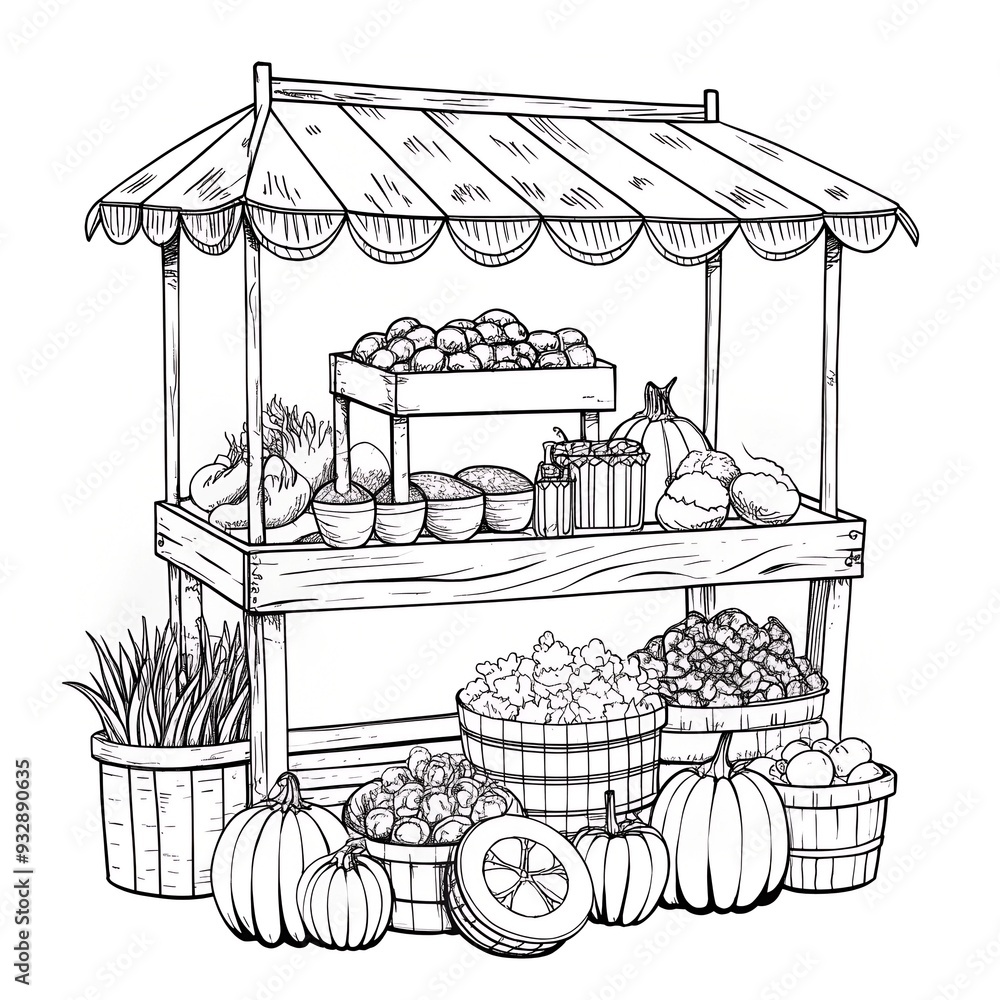 Highly Detailed Monochromatic Botanical Illustration of a Farm Stand in ...