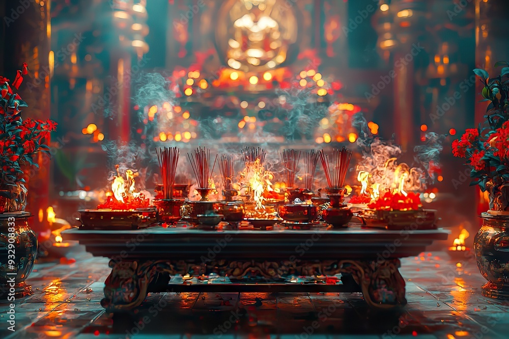 altar table full of offerings and burning incense at the Hungry Ghost ...