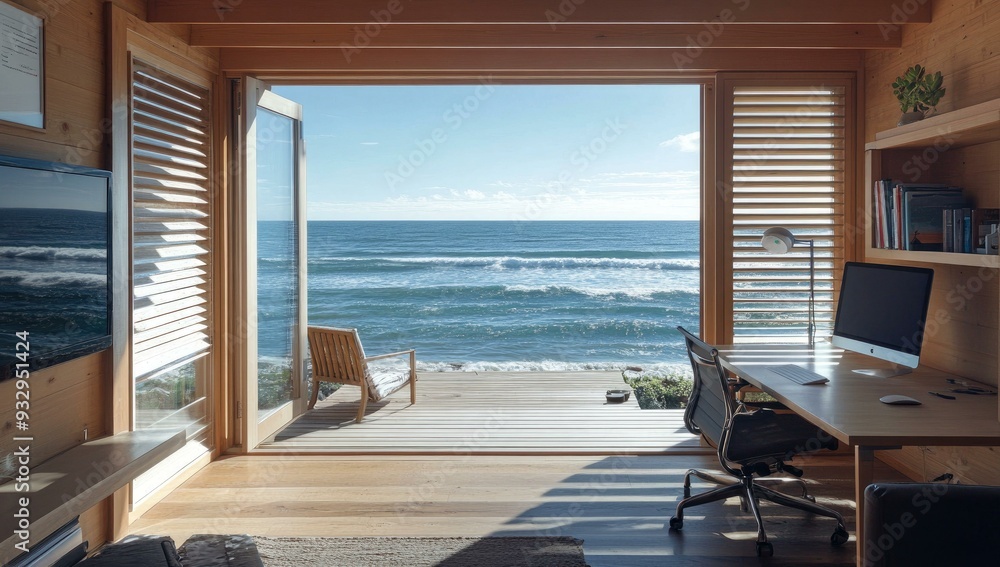Ocean view office with wooden desk and chair. Stock Photo | Adobe Stock