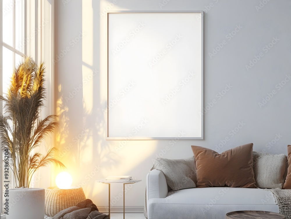 Mockup of a white background frame in a sleek contemporary interior ...