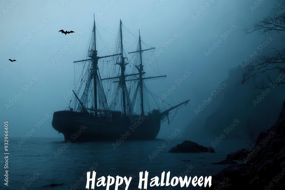 Haunted Ship Collage: Images of an old, haunted ship with ghostly crew ...