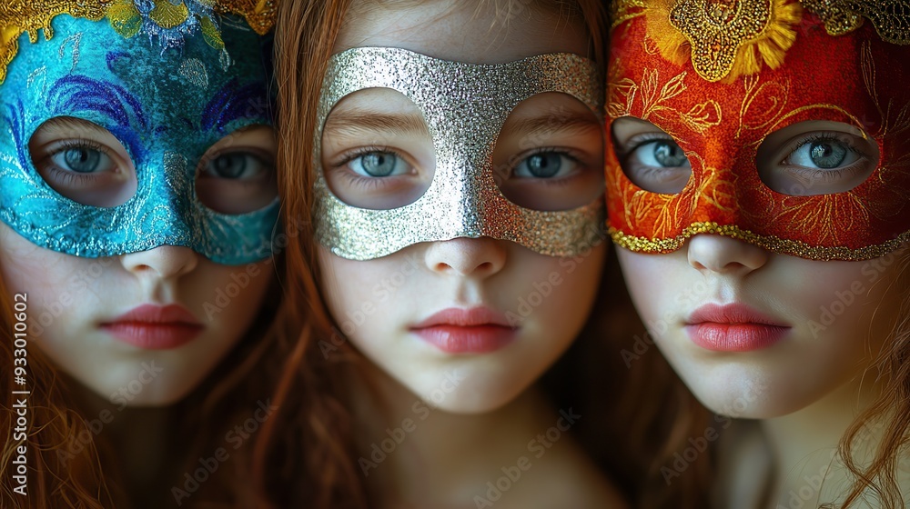 Faces of girls in carnival masks. Portraits of girls without emotions ...