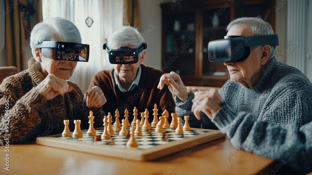 A group of elderly friends using augmented reality (AR) glasses to play ...