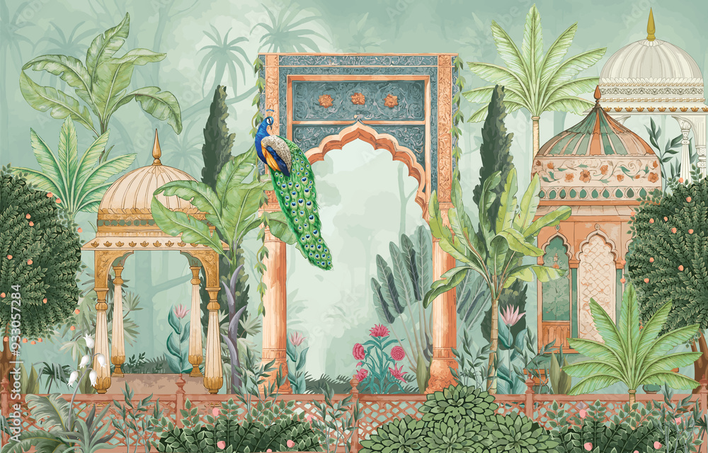 Traditional Mughal Garden, peacock, tree, palace illustration for mural ...