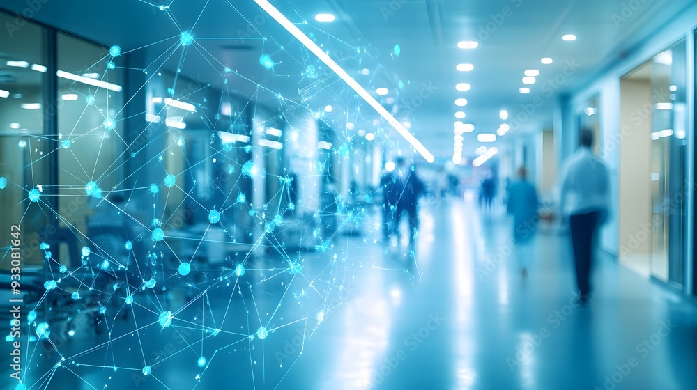 A digital display of a blockchain network overlaying a healthcare ...