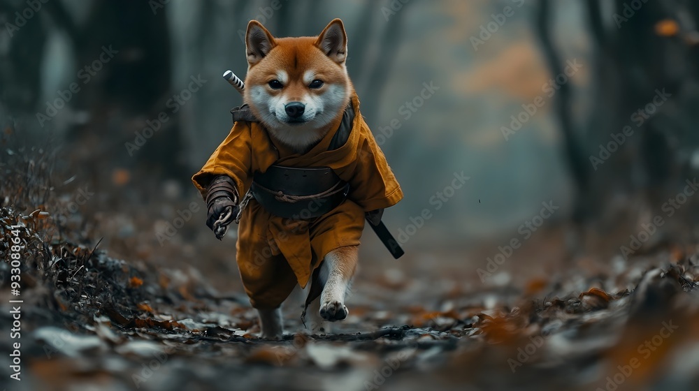 Stealthy Shiba Inu Ninja Warrior Prowling Through Mysterious Forest A ...