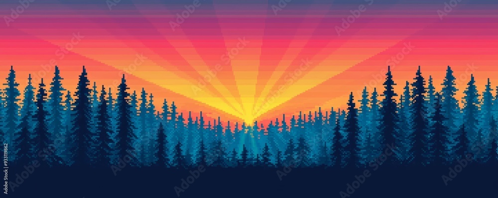 Retro pixel art landscape of a forest at sunset, with pixelated rays of ...