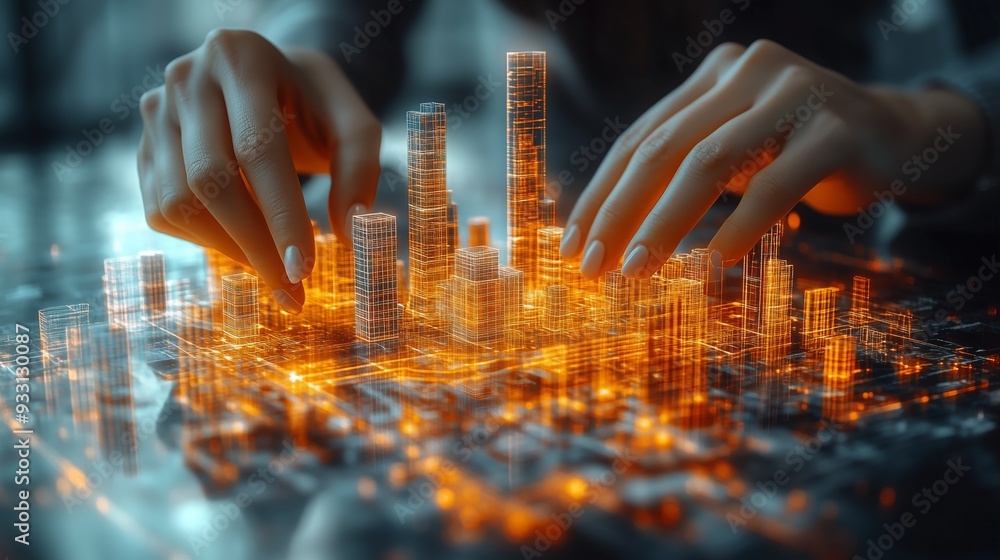 Hands interact with a luminous 3D city model, showcasing intricate ...