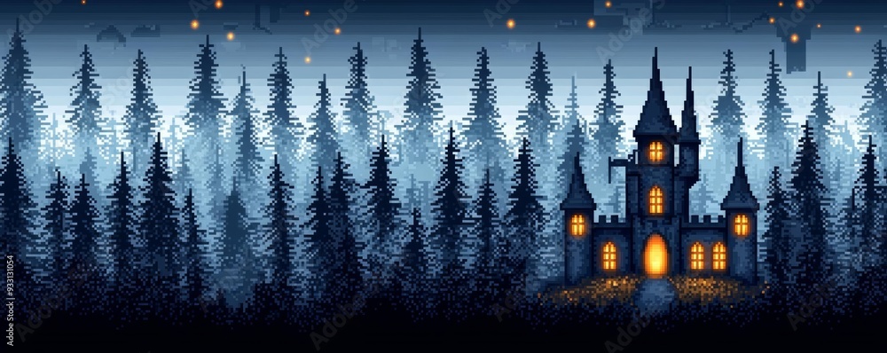 Retro pixel art depicting a castle at the edge of a dense, enchanted ...