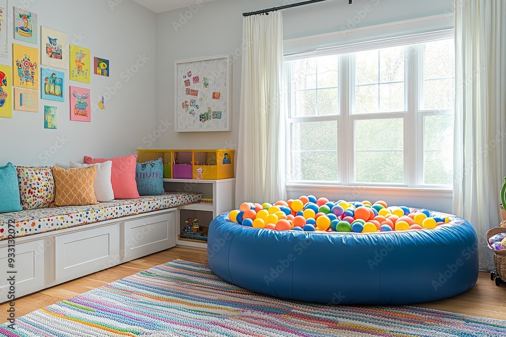 Inviting playroom featuring blue ball pit, built-in bench with storage ...