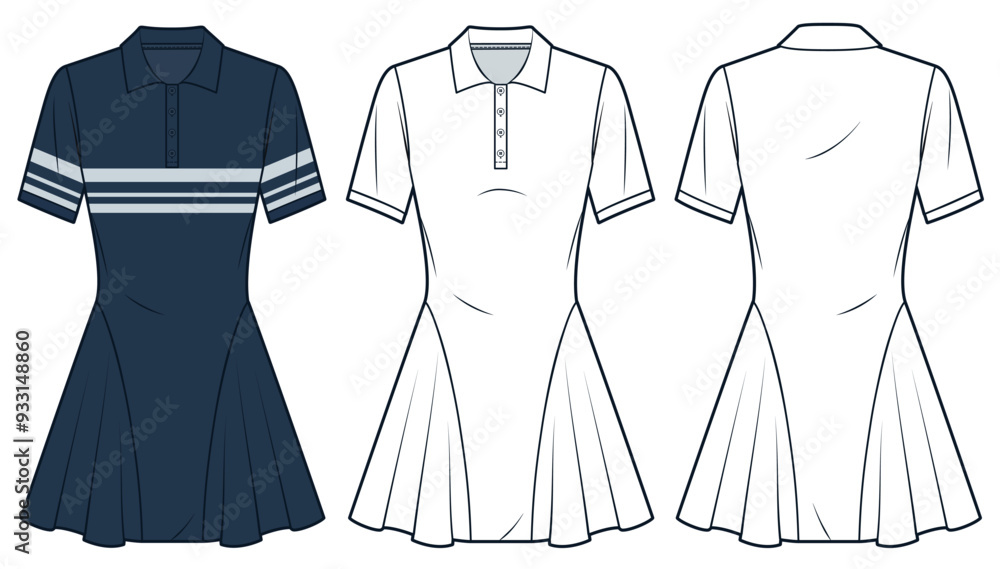 Polo Dress technical fashion illustration, striped design. Jersey mini ...