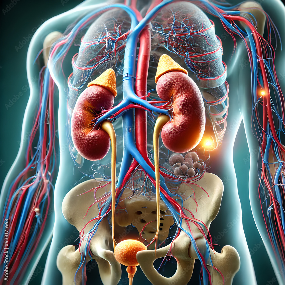 3D process of a kidney transplant, showing the newly implanted kidney ...