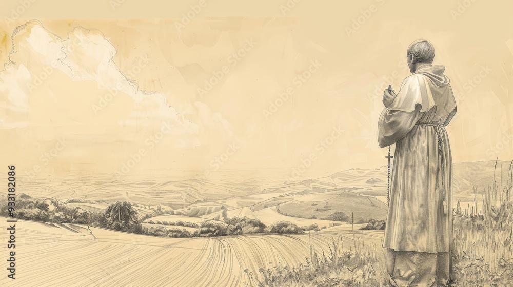 Dominic the Pious, Praying with Rosary in Countryside, Tranquil Setting ...