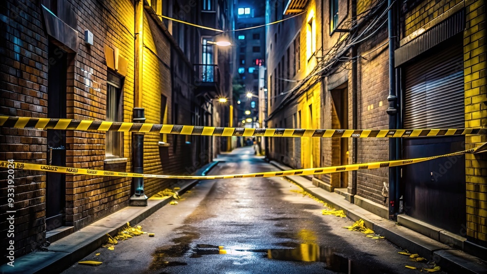 Yellow caution tape stretches across a dimly lit alleyway with multiple ...