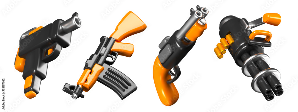 Set of firearms of various types in 3D style. Shotgun, rifle ...