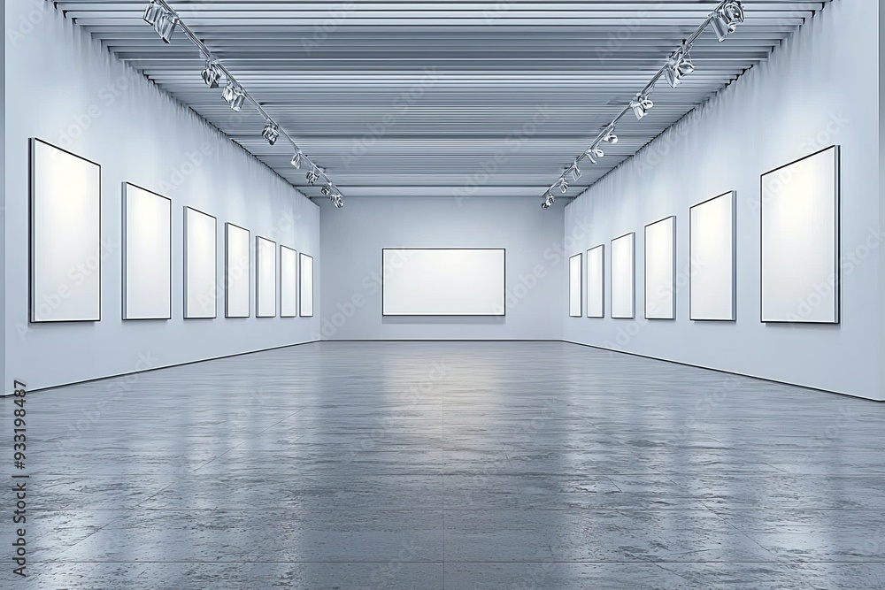 Blank white wall mockup in a sunny modern empty museum with a large ...