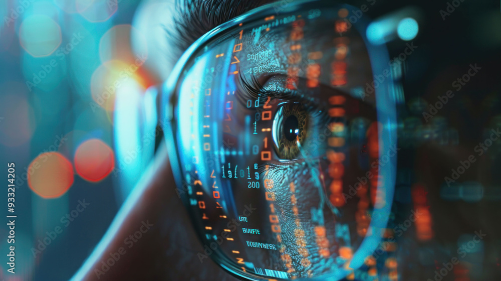 A close up of persons eye wearing glasses, reflecting digital data and binary code, conveying ...
