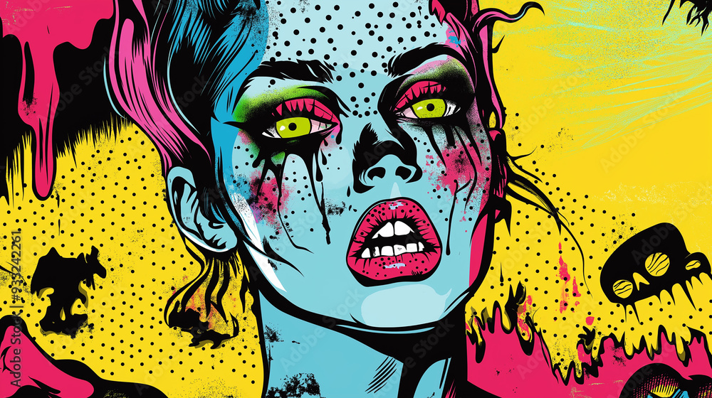 Pop art concept woman in halloween zombie costumes. Colorful background ...