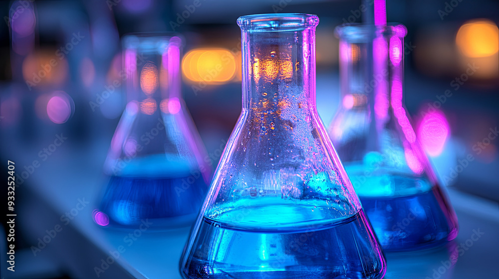 Colorful laboratory glassware filled with blue liquid during scientific ...