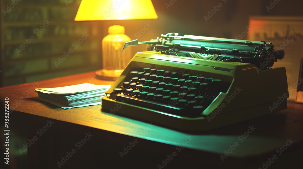 Classic typewriter and a stack of paper on a vintage desk, with soft ...