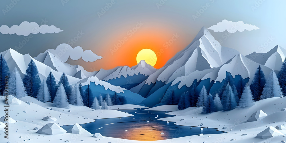 3D Blue, White Papercut Art: Snowy Mountain, Sunset, Sun Rising, Cherry ...