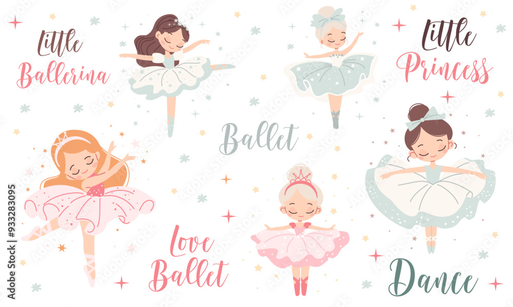 Vector collection of cute dancers. Beautiful ballerina princesses ...