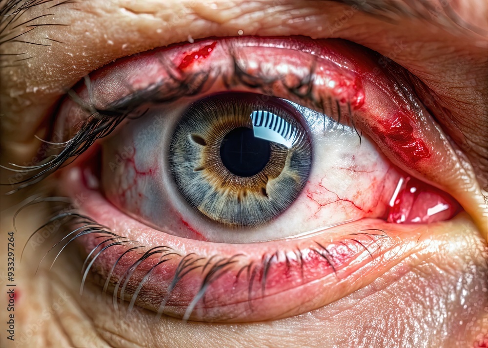 A close-up of a damaged human eye with a severe laceration, redness ...