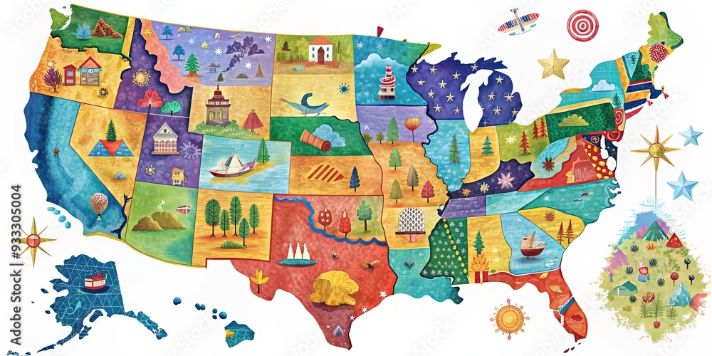 A colorful, illustrated map of the United States showcases all 50 ...