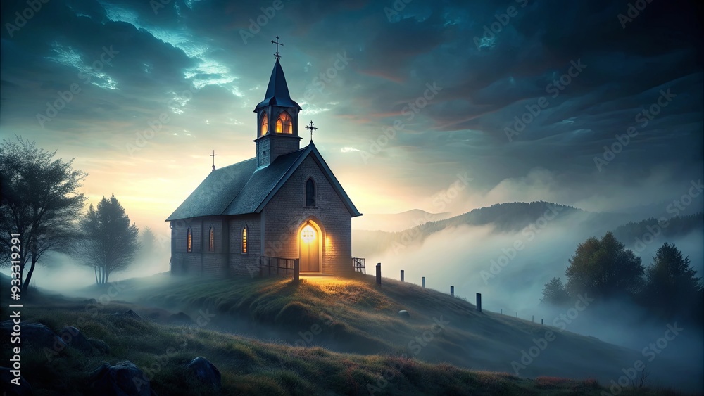 Creepy church on a hill at night surrounded by fog, spooky, eerie ...